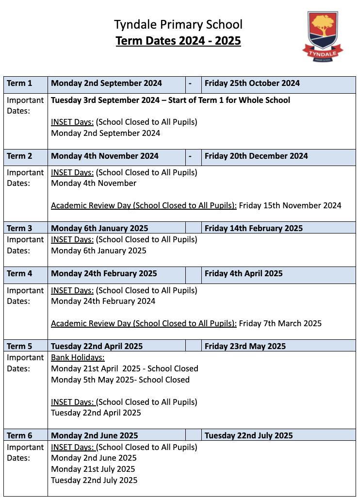 Term Dates - Tyndale Primary School